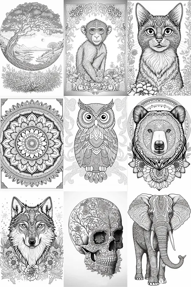 Adult Coloring Book Illustrations Midjourney Prompt | PromptBase