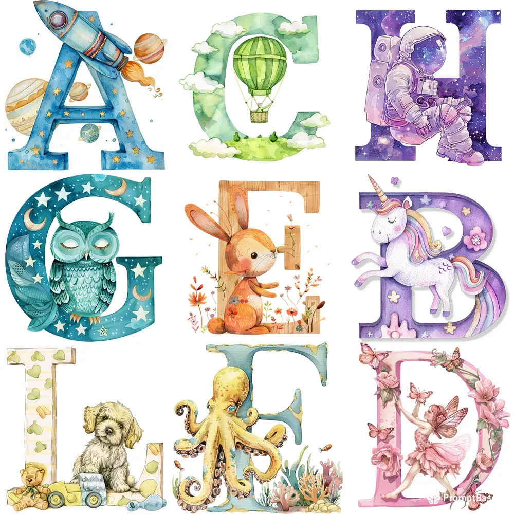 Cute Watercolor Alphabet Letters Midjourney Prompt | PromptBase