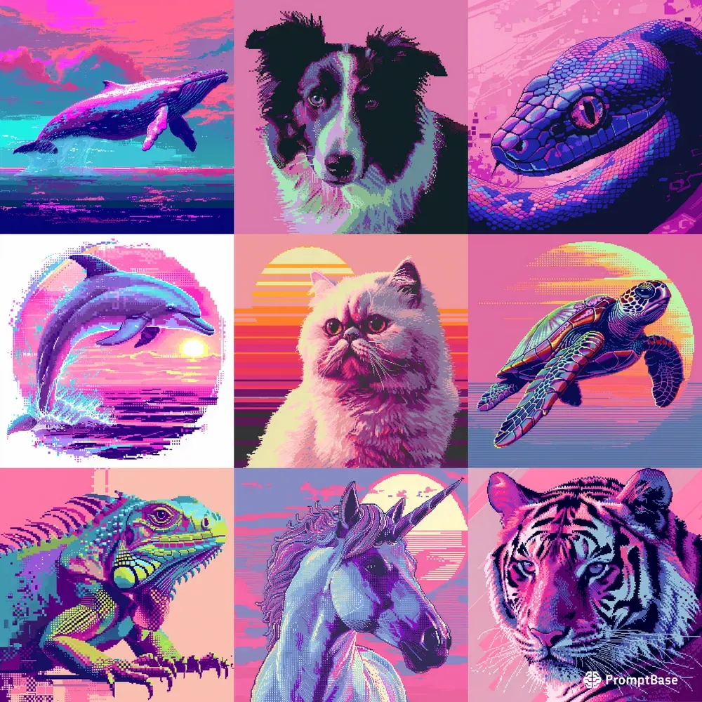 80s Pixel Style Animal Posters Stickers Midjourney Prompt | PromptBase