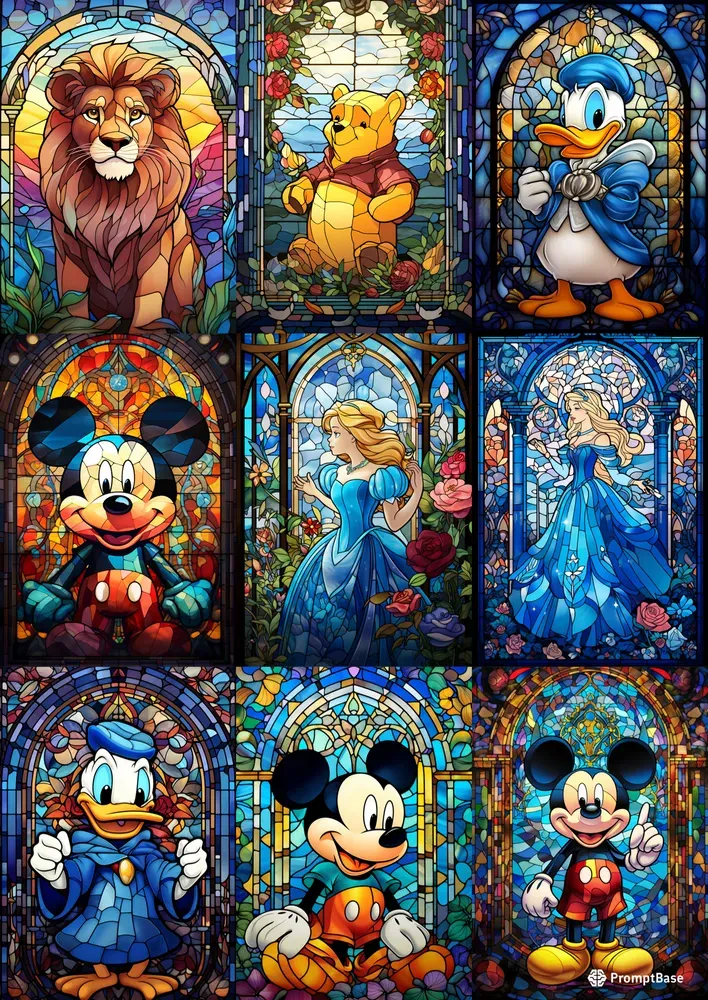 Disney Characters In Stained Glass Midjourney Prompt | PromptBase