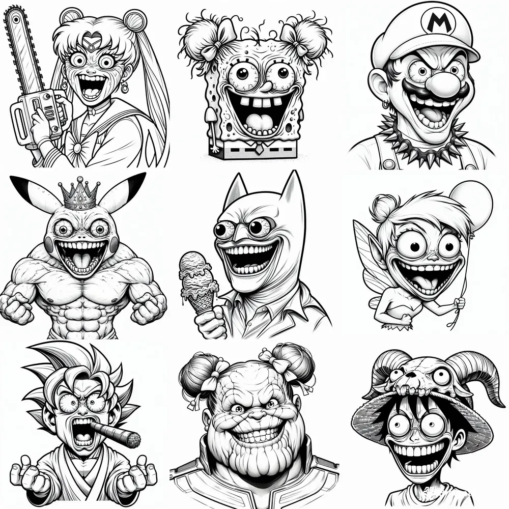 Iconic Crazy Coloring Caricatures DALL·E Prompt | PromptBase
