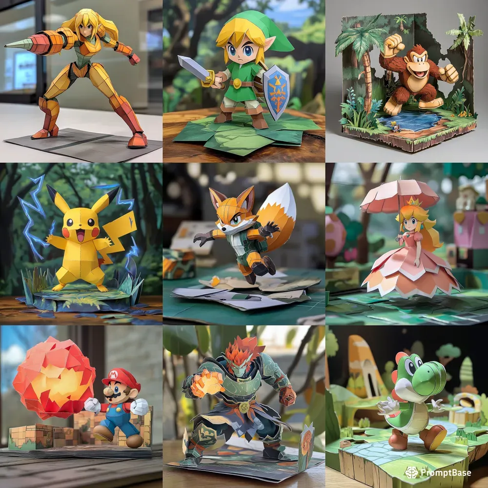 Super Smash Bros Paper Sculptures Midjourney Prompt | PromptBase