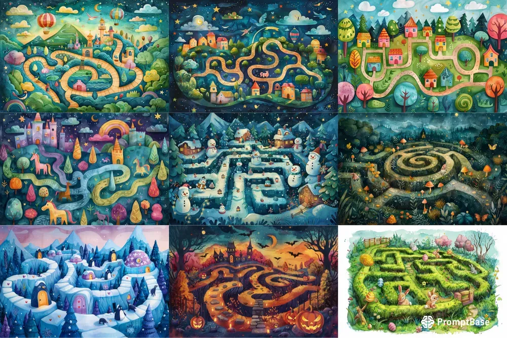 Cute Mazes Illustrations For Kids Midjourney Prompt | PromptBase