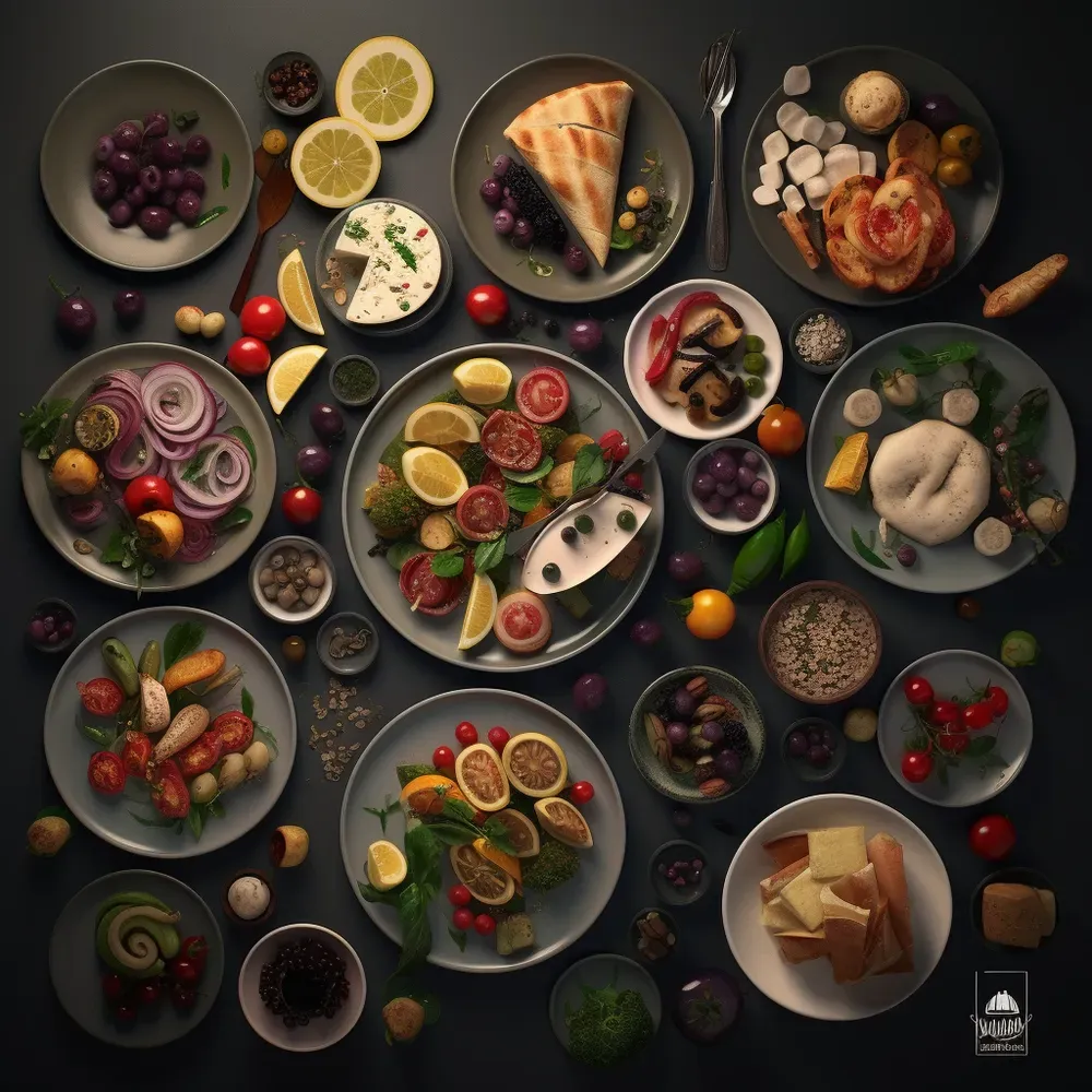 Overhead Visual Foods Midjourney Prompt | PromptBase