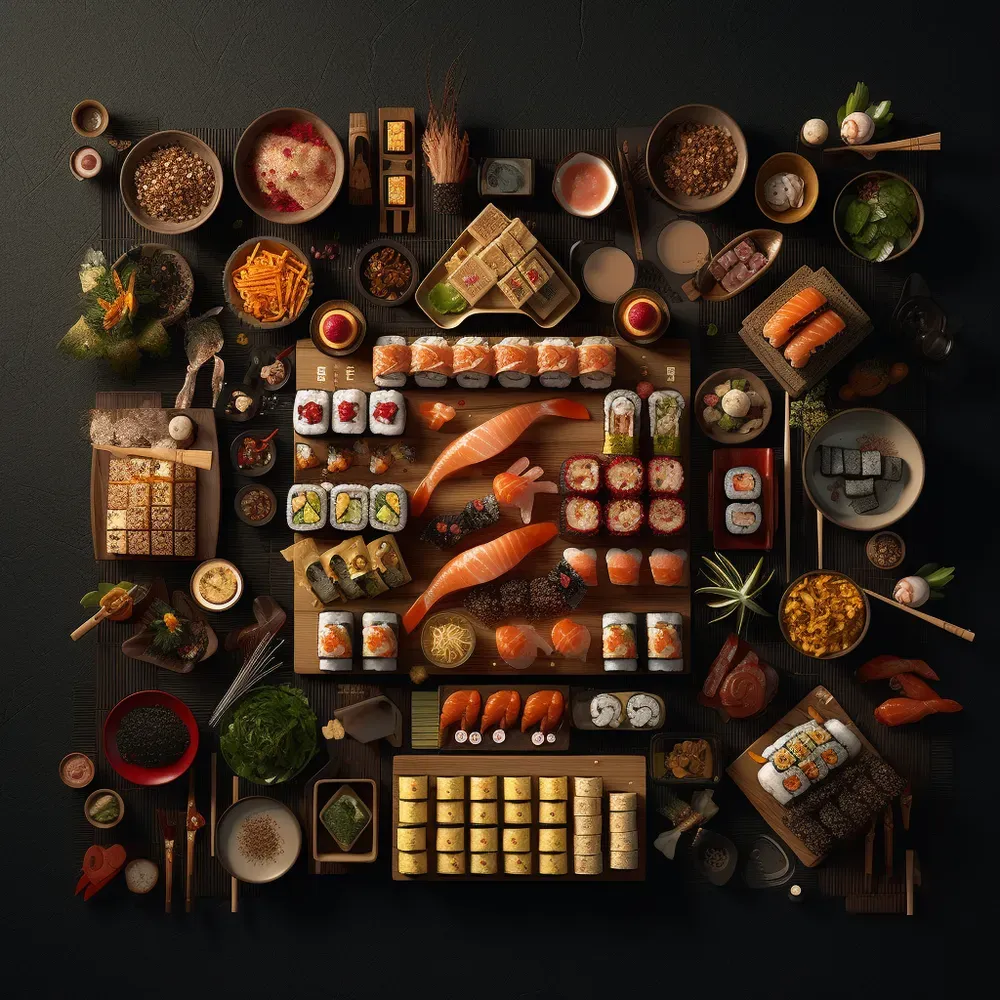 Overhead Visual Foods Midjourney Prompt | PromptBase