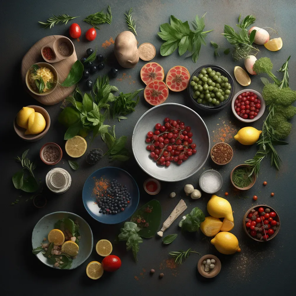 Overhead Visual Foods Midjourney Prompt | PromptBase