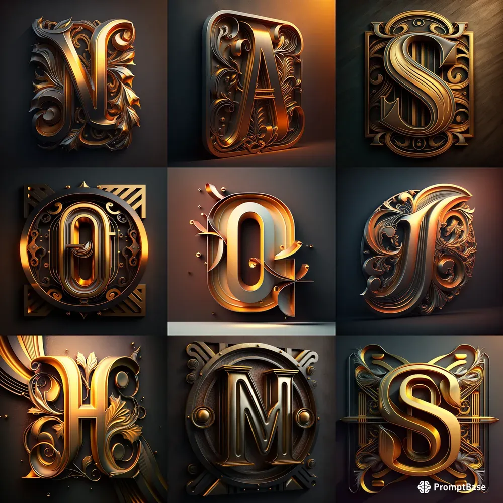 Lettering Metal Carved Golden Logos Midjourney Prompt | PromptBase