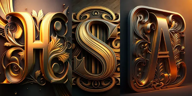 Lettering Metal Carved Golden Logos Midjourney Prompt | PromptBase
