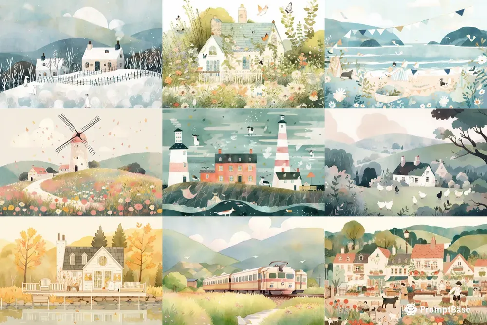 2D Postcard Style Landscape Illustration Midjourney Prompt | PromptBase