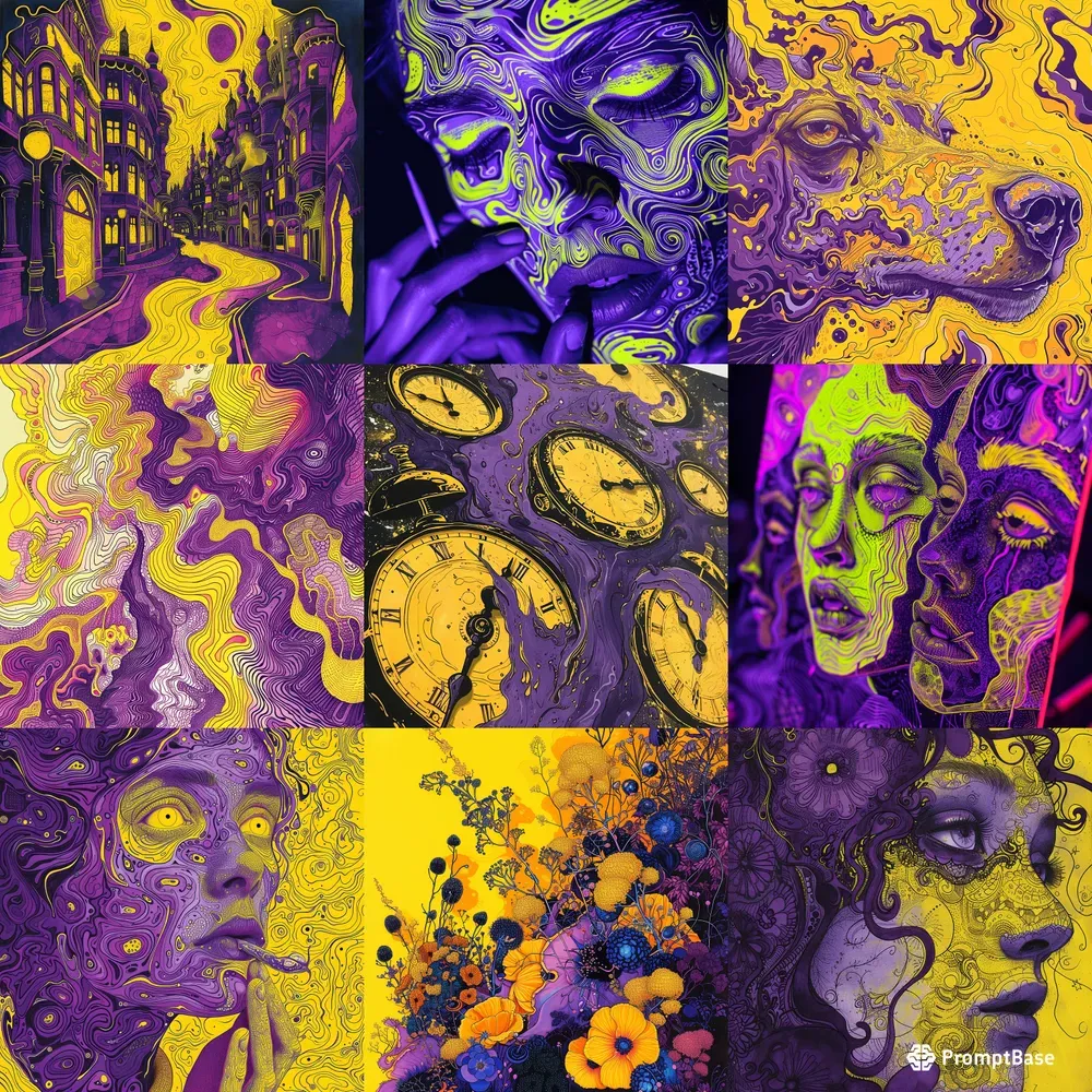 Bright Yellow And Deep Purple Illusions Midjourney Prompt | PromptBase