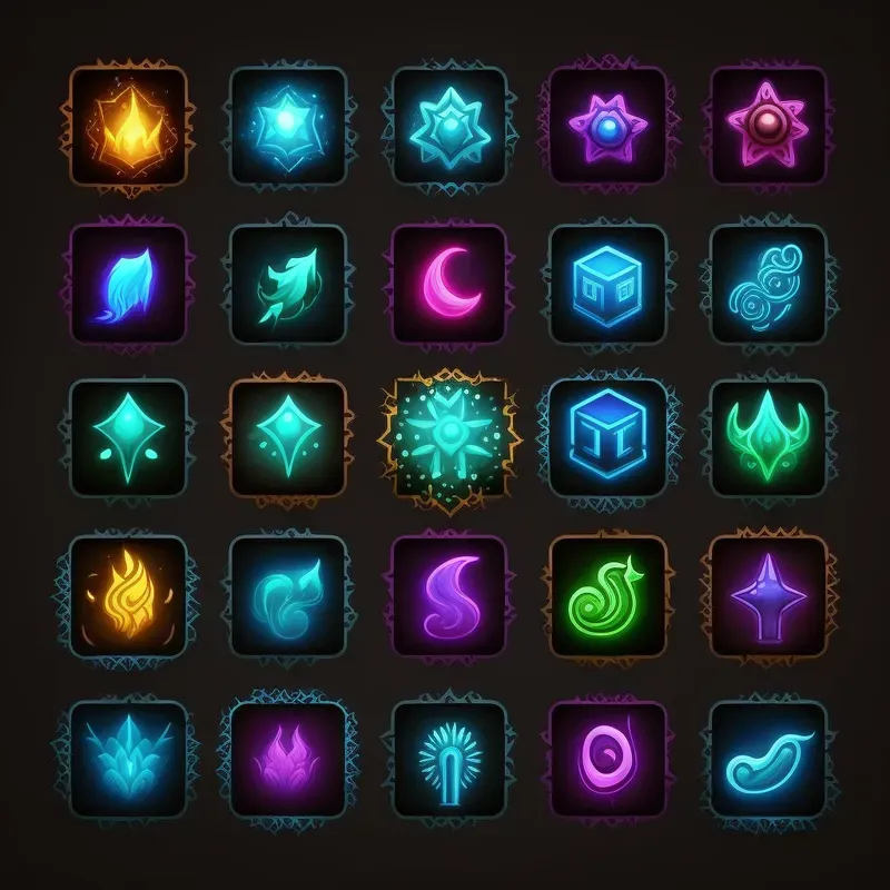 Video Game Spell Button Icons Midjourney Prompt | PromptBase