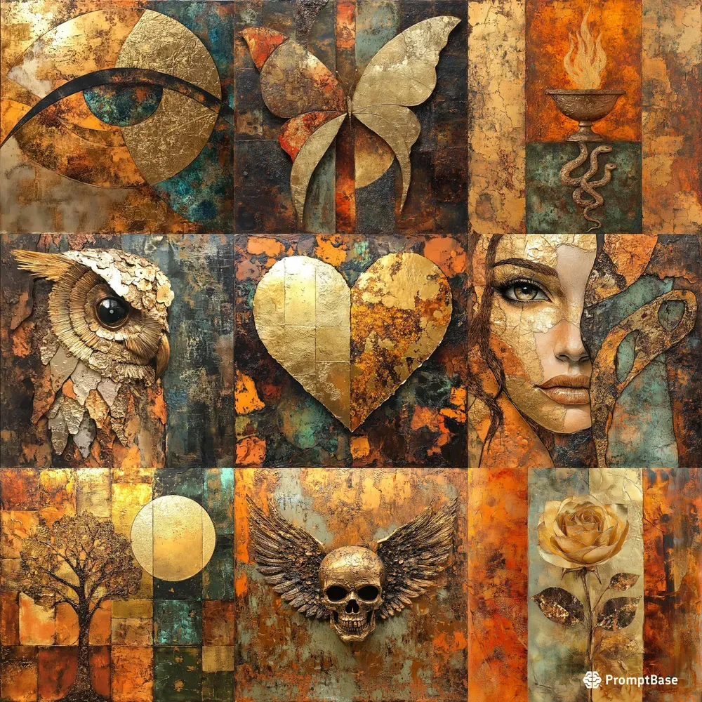 Collages Of Gold Leaf And Rusted Metals Midjourney Prompt | PromptBase