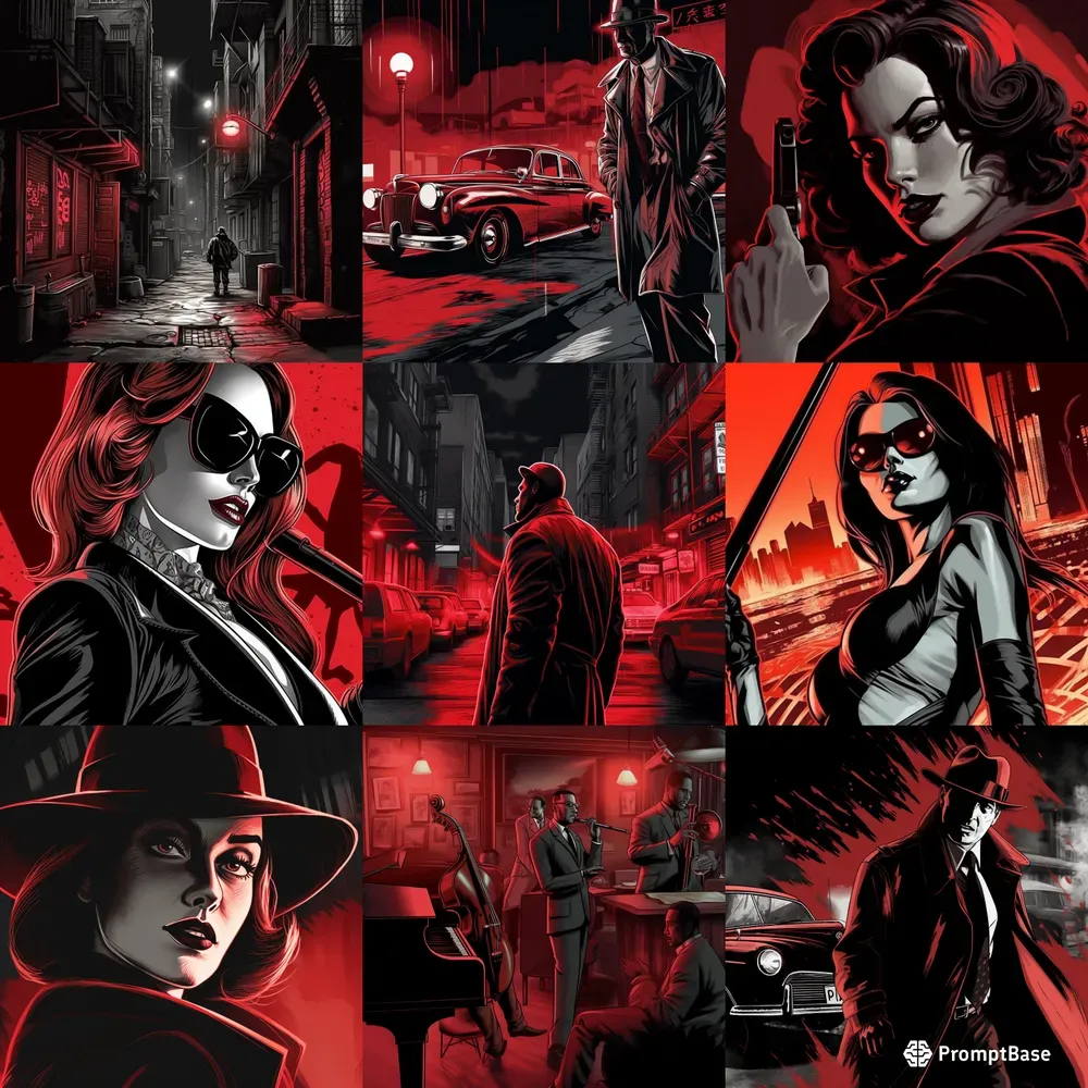 Black And Red Noir Comic Art Midjourney Prompt | PromptBase