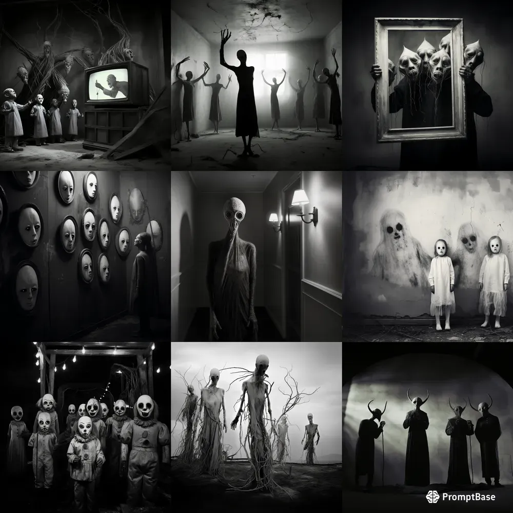 Monochrome Otherworldly Horror Photos Midjourney Prompt | PromptBase