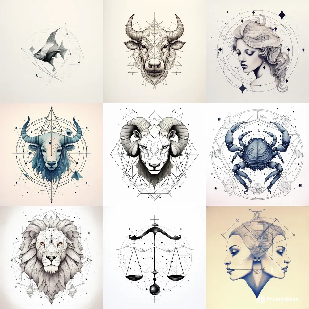 Fineline Illustrations Zodiac Signs Midjourney Prompt | PromptBase
