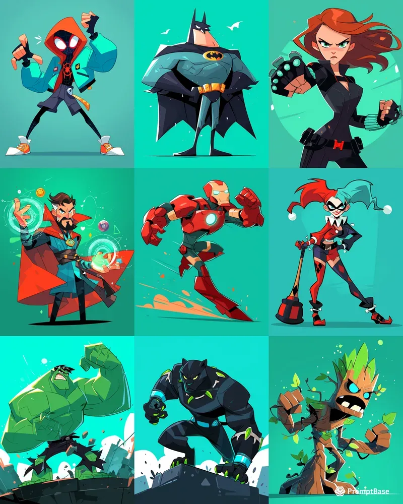 Dynamic Stylized Cartoon Heroes Midjourney Prompt | PromptBase