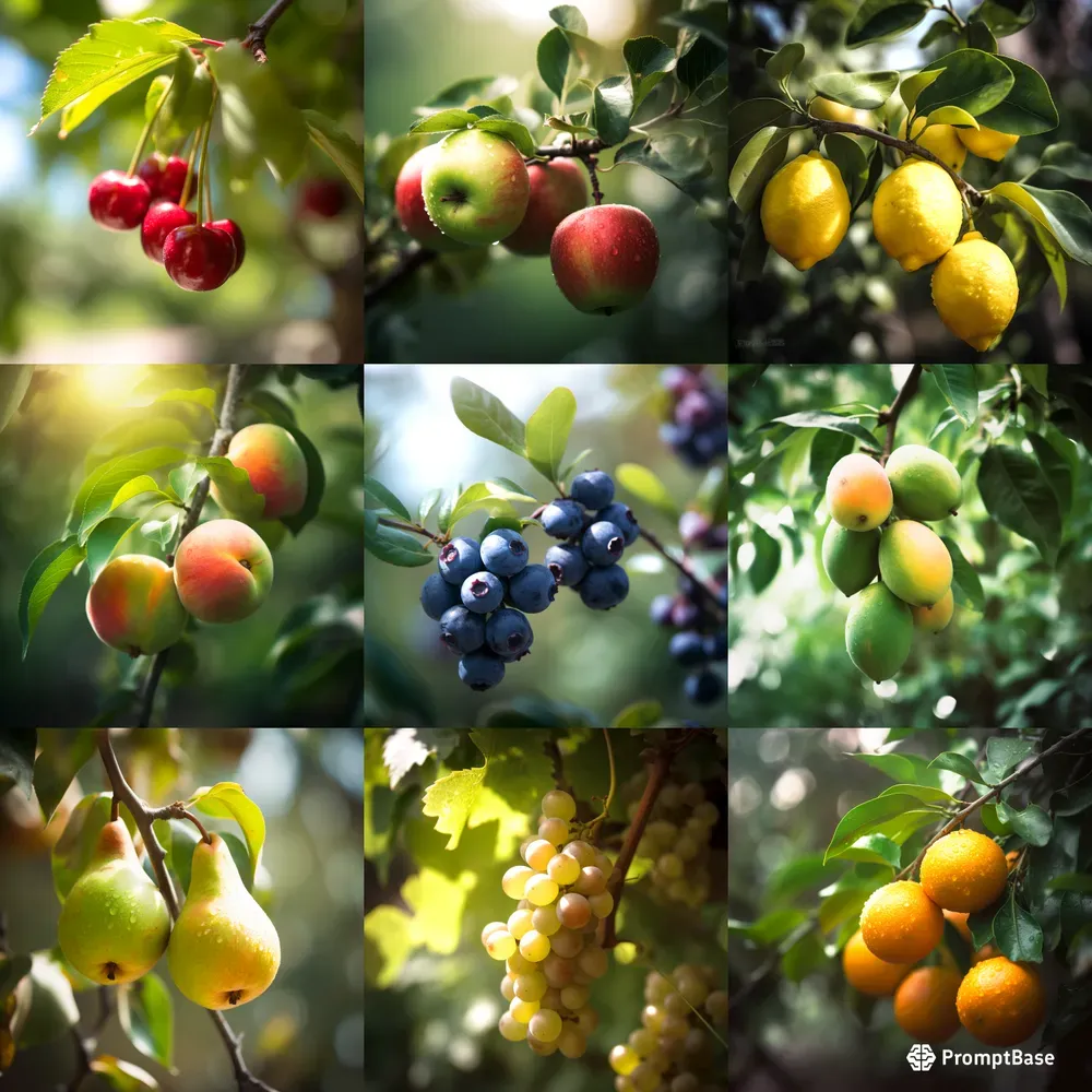 Colorful And Realistic Fruits In Trees Midjourney Prompt | PromptBase