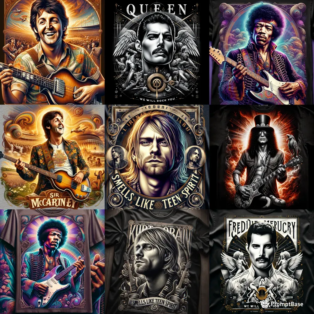 Musical Legends Vintage Tshirt Designs DALL·E Prompt | PromptBase