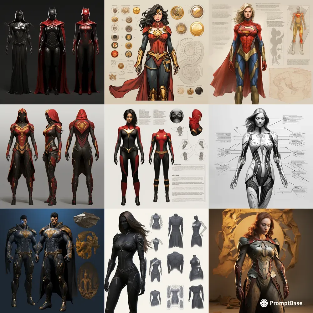 Superheroes Costume Design Illustrations Midjourney Prompt | PromptBase
