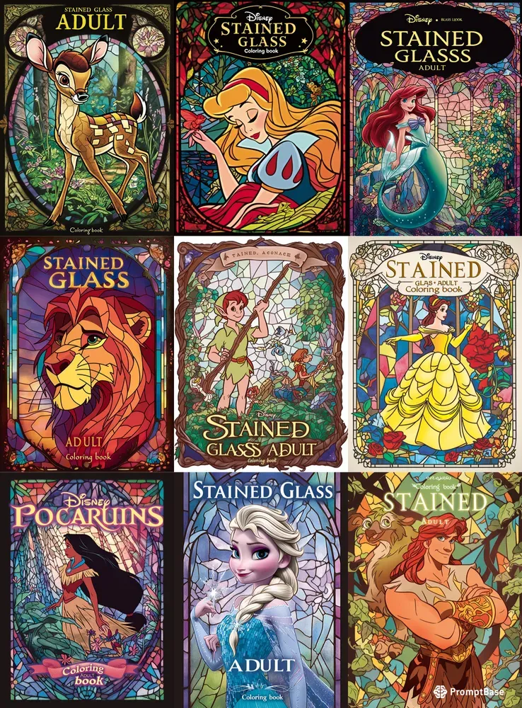 Disney Stained Glass Coloring Book Covers Midjourney Prompt | PromptBase
