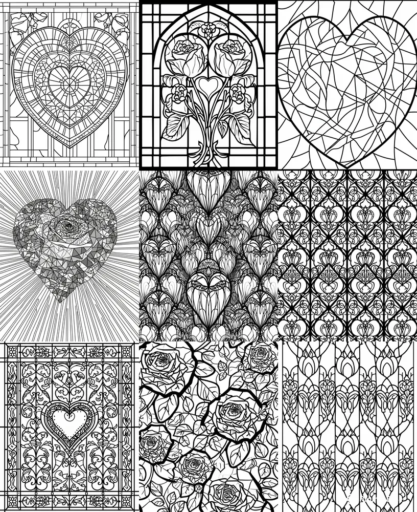Stained Glass Valentine Coloring Pages Midjourney Prompt | PromptBase