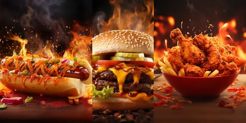Photorealistic Flaming Foods Midjourney Prompt | PromptBase