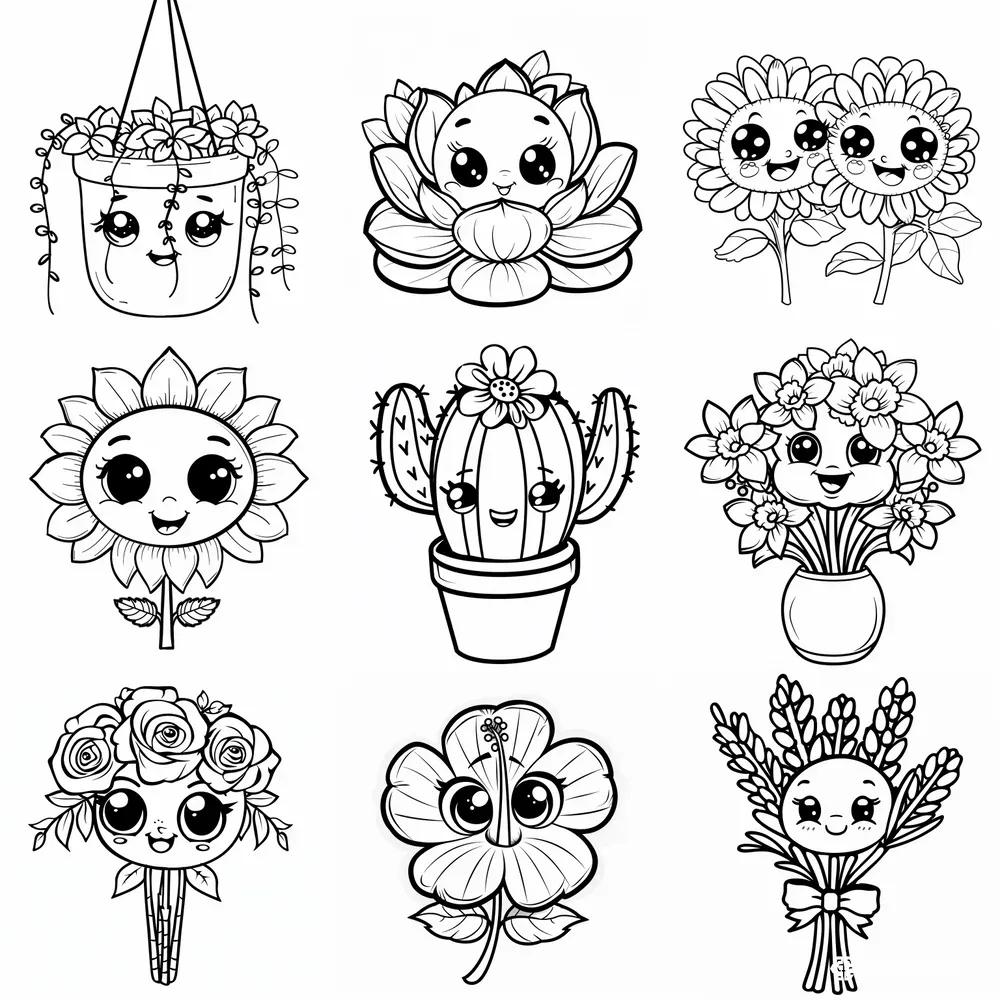 Kawaii Flowers Coloring Pages For Kids Midjourney Prompt | PromptBase