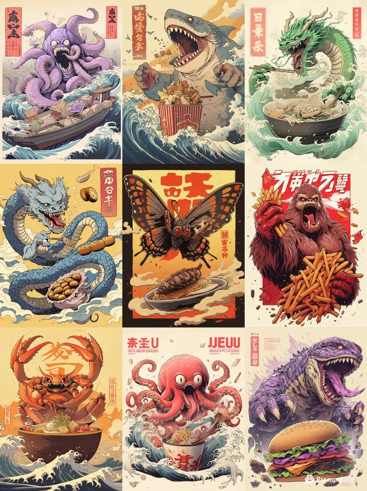 Japanese Poster Art Kaiju Foods Midjourney Prompt | PromptBase