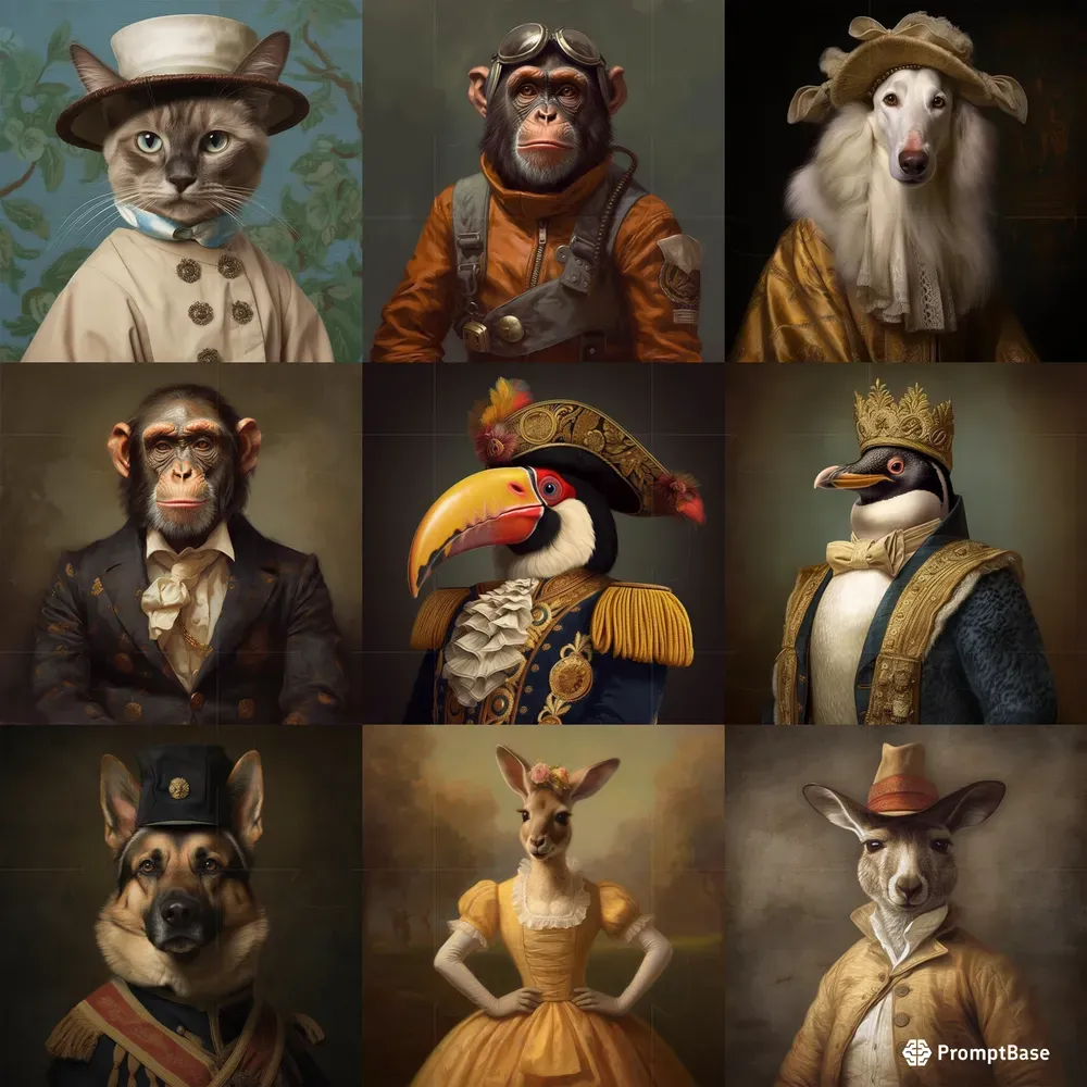Golden Age Animal Portraits Midjourney Prompt | PromptBase