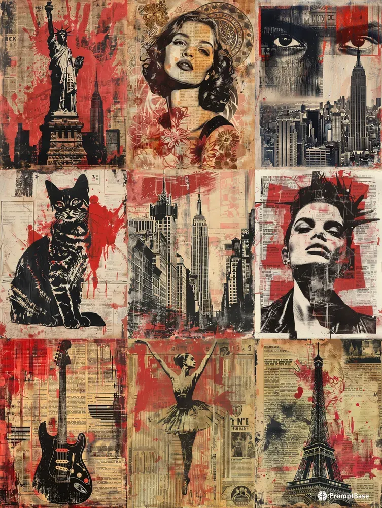 Newsprint Collage Urban Grunge Posters Midjourney Prompt | PromptBase