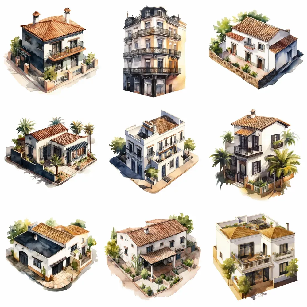 Illustrated Spanish Style Houses Midjourney Prompt | PromptBase