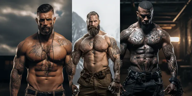 Photos Of Muscle Tattooed Men Protectors Midjourney Prompt | PromptBase