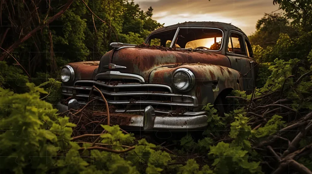 Old Rusty Overgrown Cars Photographs Midjourney Prompt | PromptBase