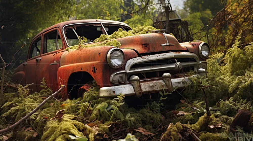 Old Rusty Overgrown Cars Photographs Midjourney Prompt | PromptBase