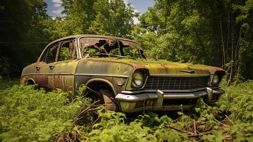Old Rusty Overgrown Cars Photographs Midjourney Prompt | PromptBase