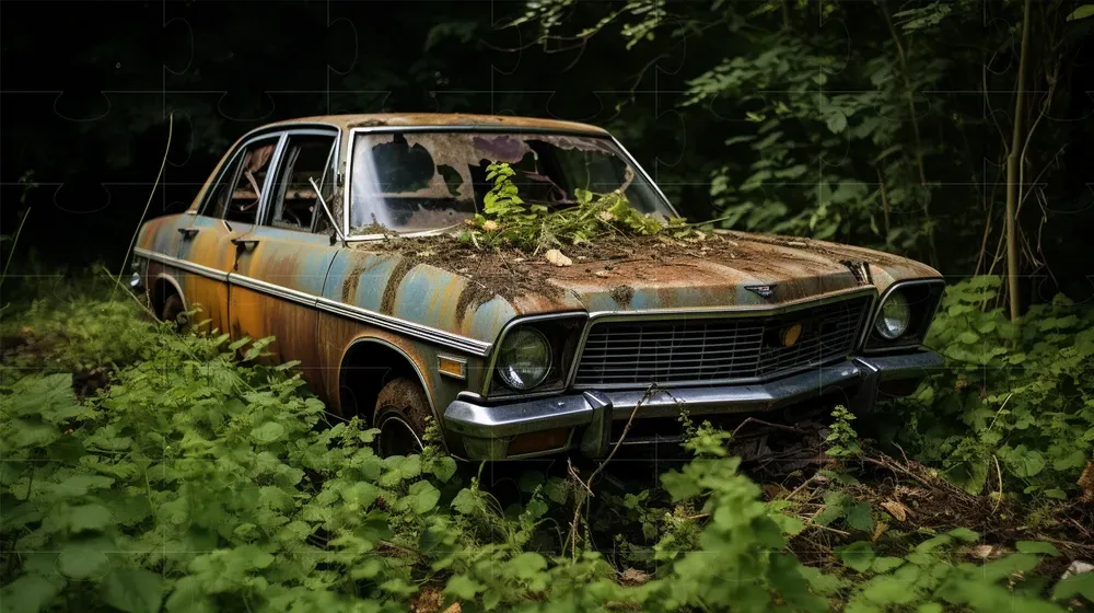 Old Rusty Overgrown Cars Photographs Midjourney Prompt | PromptBase