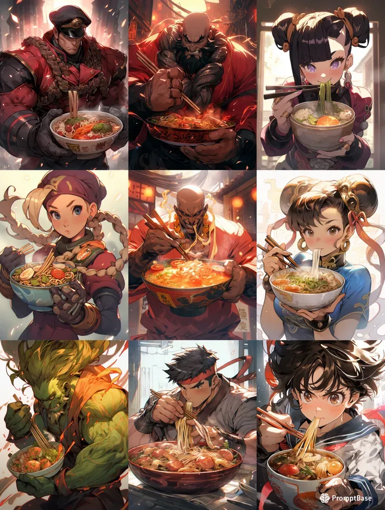 Street Fighter Characters Eating Ramen Midjourney Prompt | PromptBase