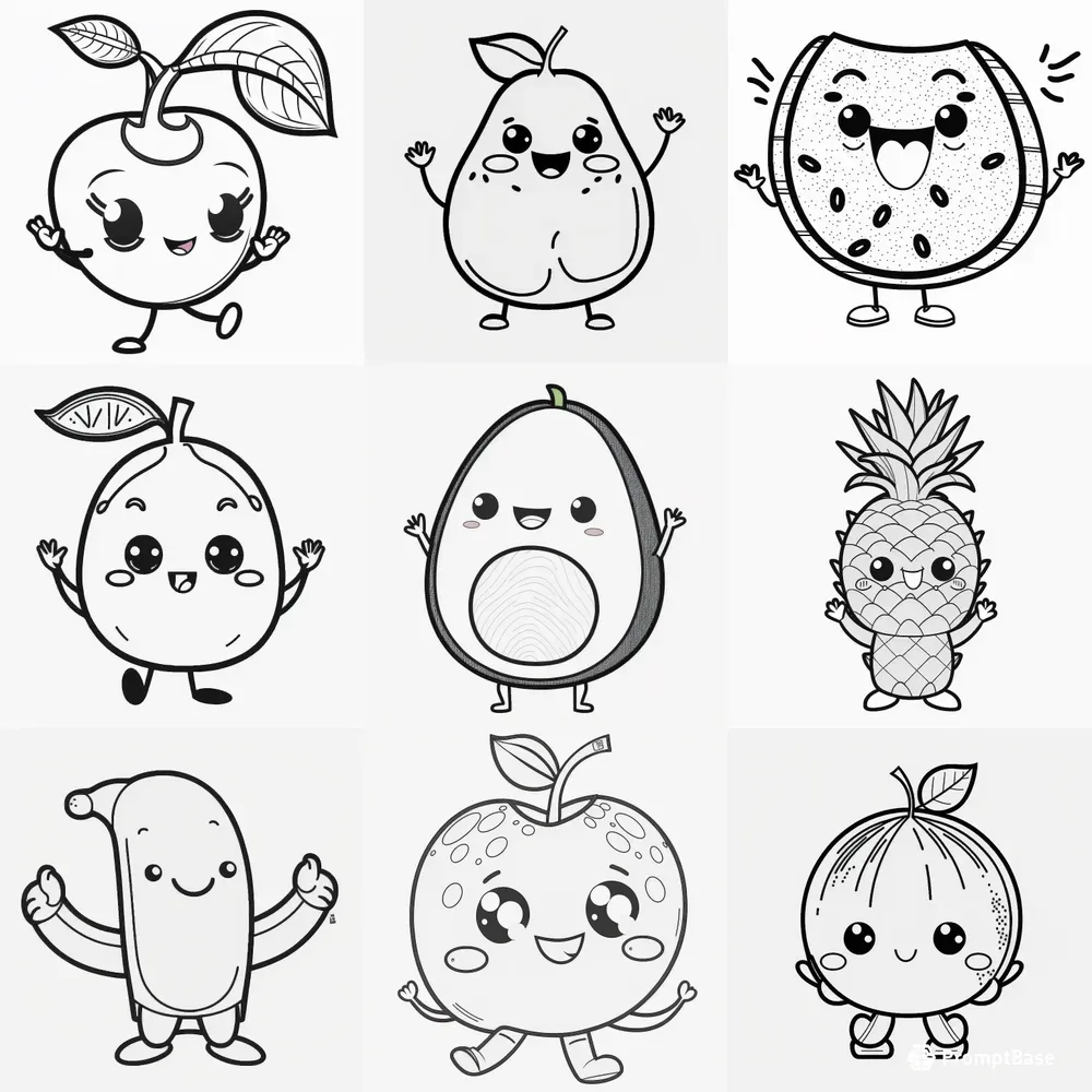 Kawaii Fruit Coloring Book Pages Midjourney Prompt | PromptBase