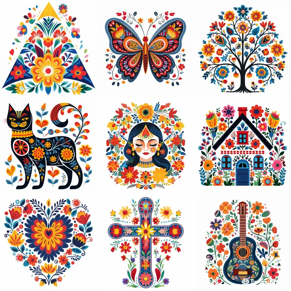 Folk Art Designs Illustrations Drawings Midjourney Prompt | PromptBase