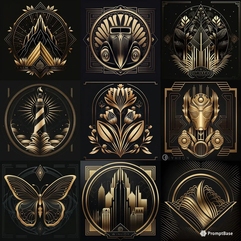 Goldish Art Deco Logos Midjourney Prompt | PromptBase
