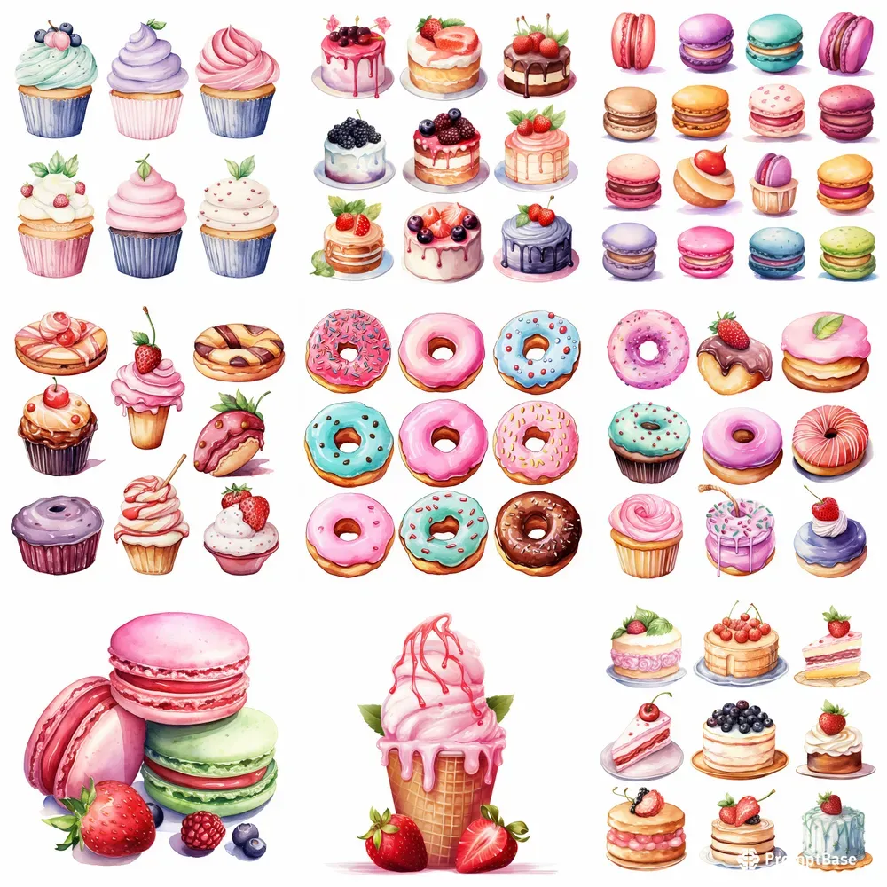 Sweet Treats Watercolor Clipart Vectors Midjourney Prompt | PromptBase