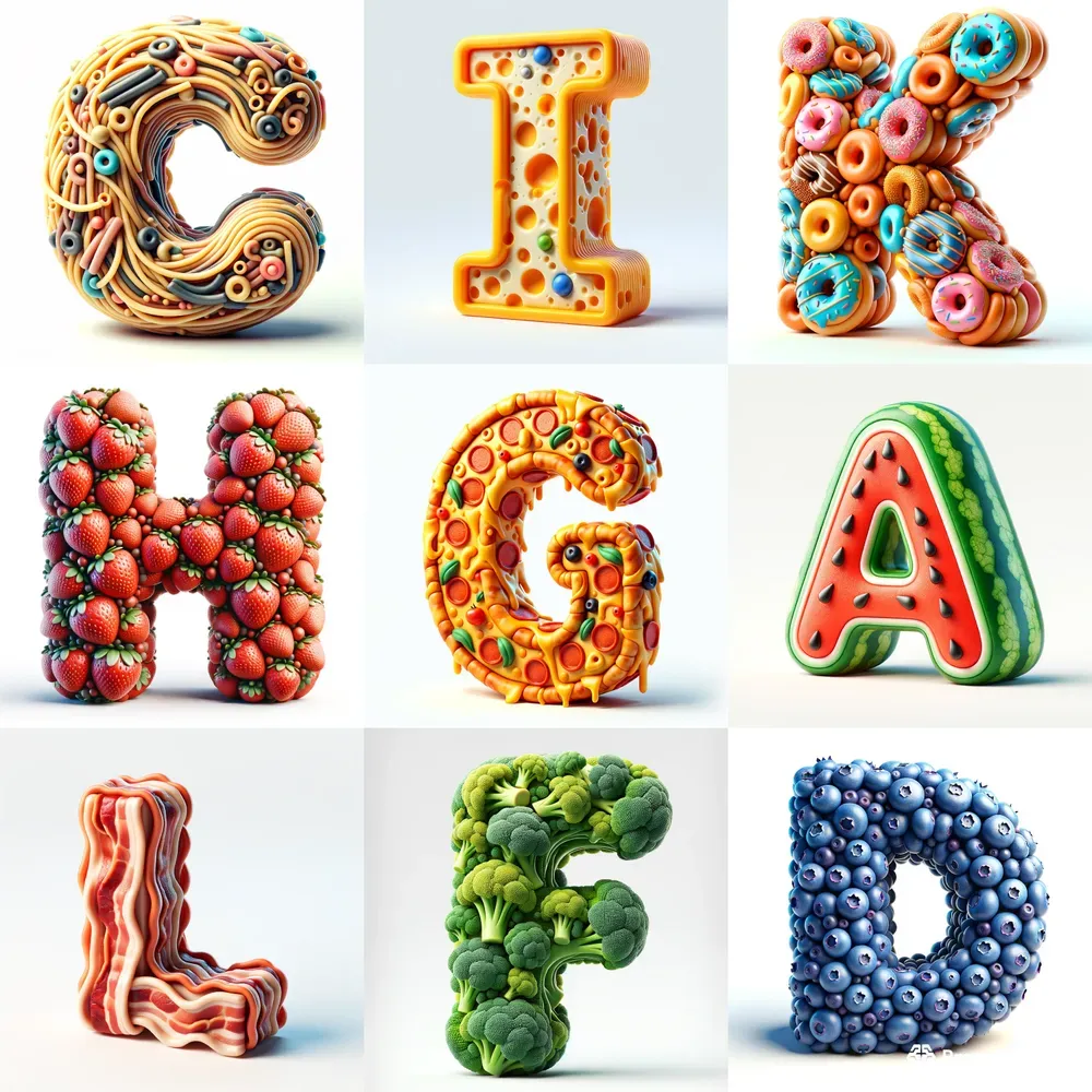 3D Food Letters DALL·E Prompt | PromptBase