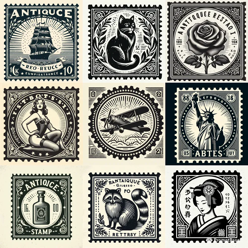 Vintage Antique Black And White Stamps DALL·E Prompt | PromptBase