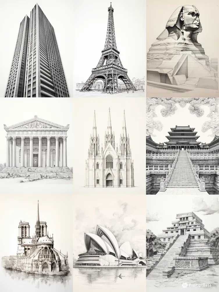 Landmark Architecture Pencil Drawings Midjourney Prompt | PromptBase