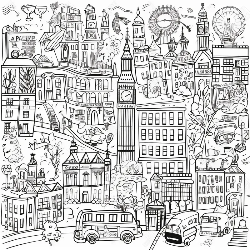 Cute Doodle City Coloring Pages Midjourney Prompt | PromptBase