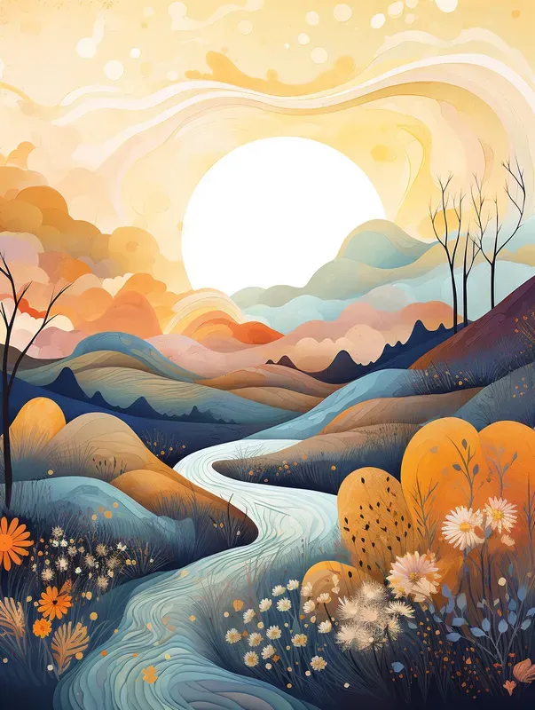 Whimsical Landscape Sun Posters Midjourney Prompt | PromptBase