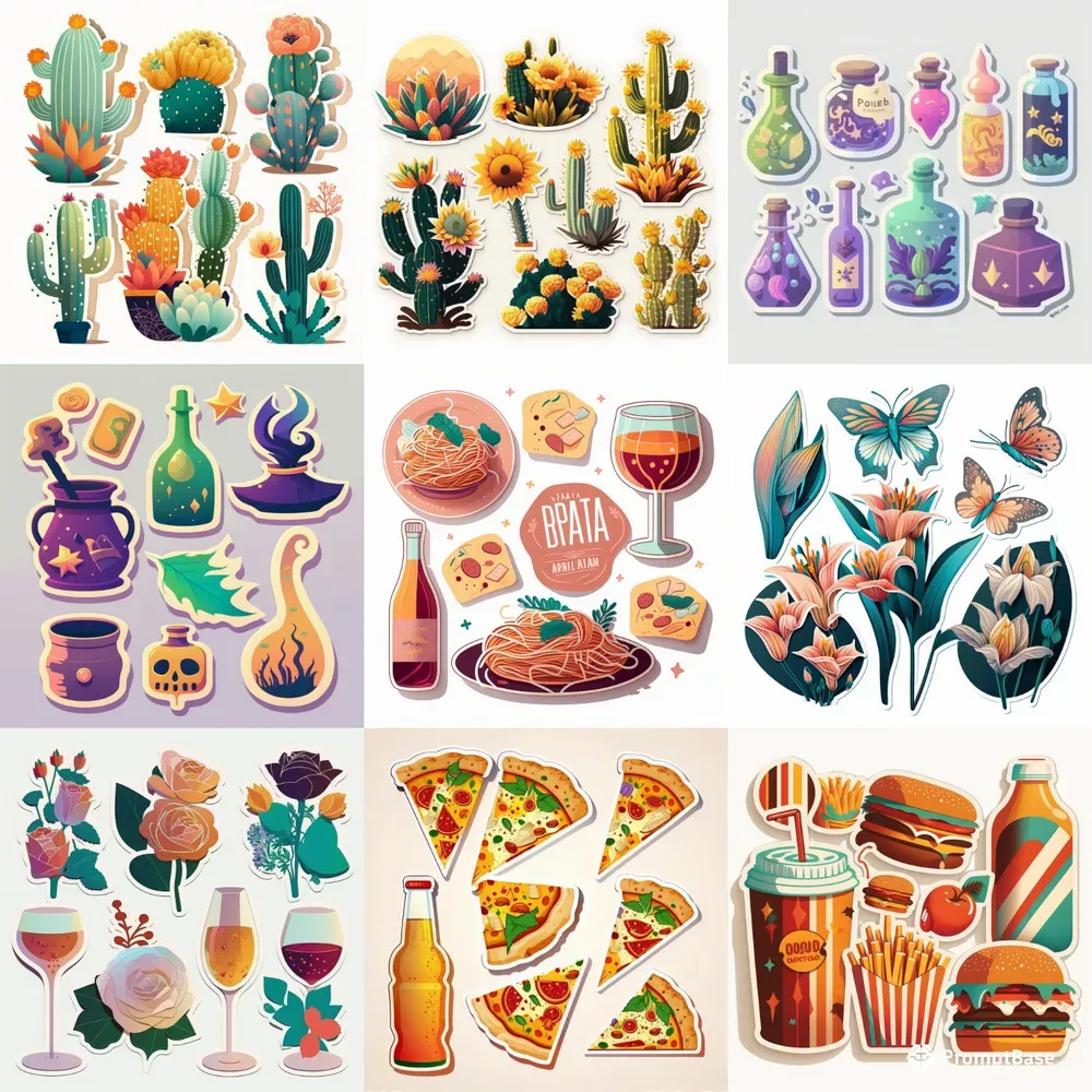 Stickers Food Flowers Potions Witches Midjourney Prompt | PromptBase