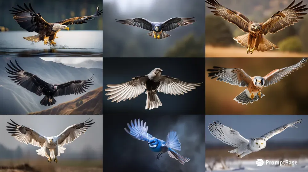 Realistic Photos Of Wild Birds Flying Midjourney Prompt | PromptBase