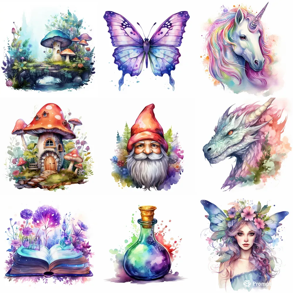 Fantasy Watercolor Clipart Illustrations Midjourney Prompt | PromptBase