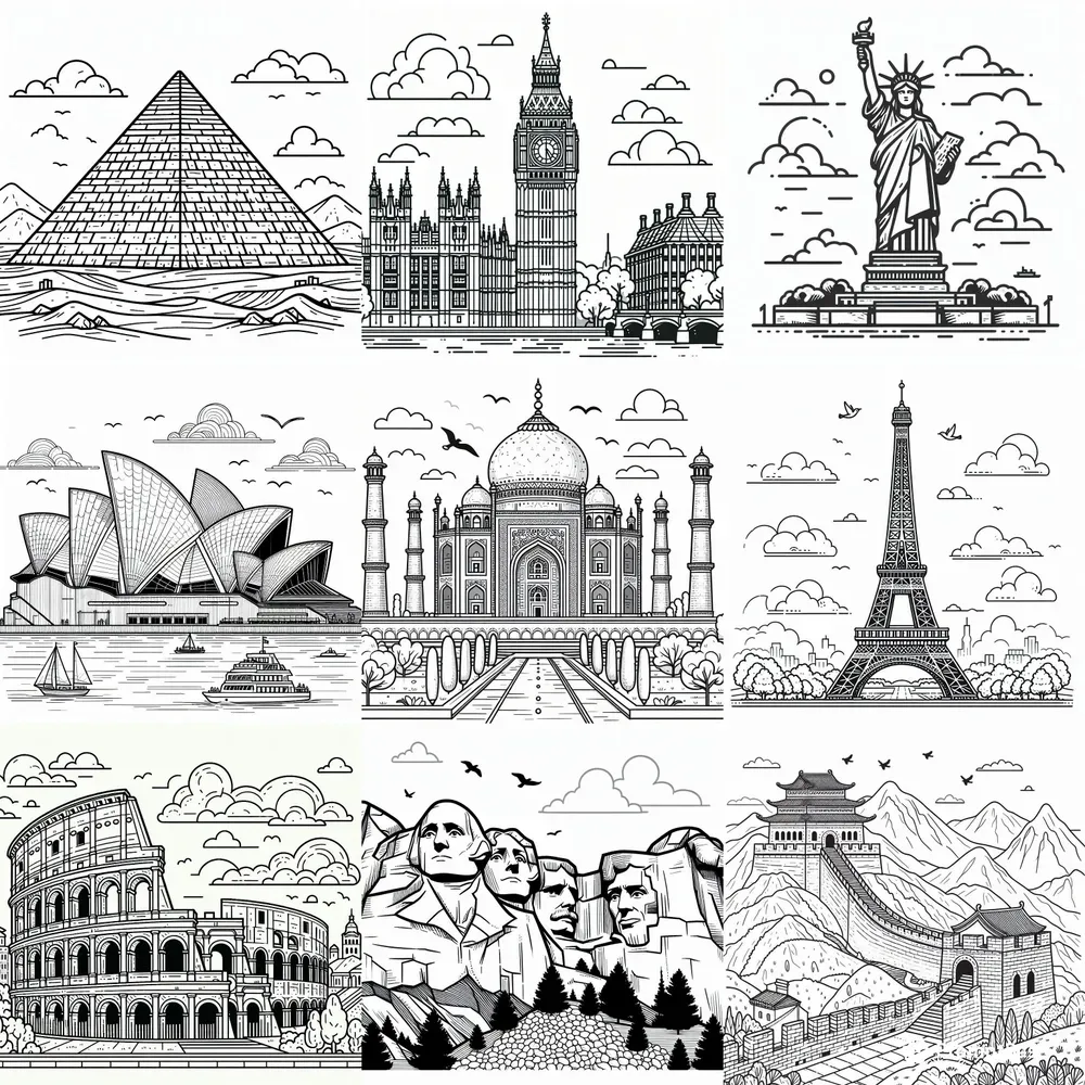 Famous Landmarks Coloring Pages DALL·E Prompt | PromptBase